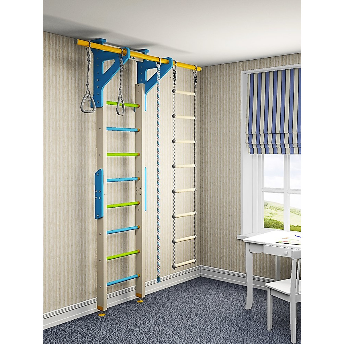 Kids Wood Playground Play Set for Floor & Ceiling / Wooden Indoor Training Gym Sport Set with Accessories Equipment: Climber, Gymnastic Swing Rings, Climbing Rope, Rope Ladder / Wallbarz Woodsy