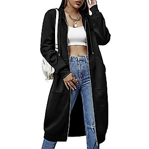 ELESOL Women's Casual Zip up Hoodies Pockets Tunic Sweatshirt Long Hoodie Outerwear Jacket, Black Large