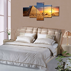 Canvas Wall Art Ancient Pyramids in Sand Pictures Sundow Yellow Scenery Artwork 5 Panel Prints Paintings for Living Room Giclee Modern Home Decor Wooden Framed Stretched Ready to Hang(50''Wx24''H)
