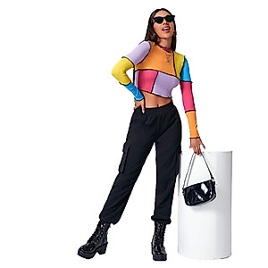 SweatyRocks Women's Color Block Ribbed Knit Slim Fitted Long Sleeve Crop Tee Shirt Top Tie Dye Orange Purple S