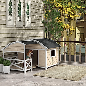 PawHut Wooden Dog House Outdoor with Porch, Raised Pet Kennel for Medium Large Dogs, with Asphalt Roof, Front Door, Side Windows, Gray