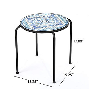 Christopher Knight Home Skye Outdoor Ceramic Tile Side Table with Iron Frame, Blue / White