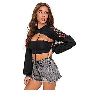 Floerns Women's Mesh Contrast Long Sleeve Pullover Crop Top Hoodie Black 1 S