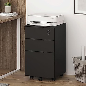 GOSROMS 3 Drawer File Cabinet with Lock & Charging Station, Wooden Move File Cabinet with Wheels, for Home Office, A4/Letter Size Files Under Desk - Black