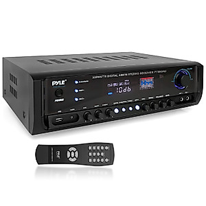 Home Audio Power Amplifier System - 300W 4 Channel Theater Power Stereo Sound Receiver Box Entertainment w/ USB, RCA, AUX, Mic w/ Echo, LED, Remote - For Speaker, iPhone, PA, Studio Use - Pyle PT390AU