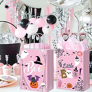 HABDJILTY 20PCS Pink Halloween Party Gift Bags,Little Boo Halloween Candy Treat Bags with Tissue Paper for Boo Theme Birthday Baby Shower Party Favor Supplies Gifts.