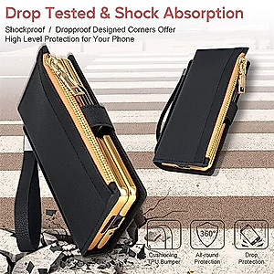 Wallet Case for Samsung Galaxy Z Fold 5 2023, Luxury Electroplated Golden Frame Lanyard Strap Zipper PU Leather Magnetic Closure Flip Folio Case with Card Holder S Pen Holder,Brown