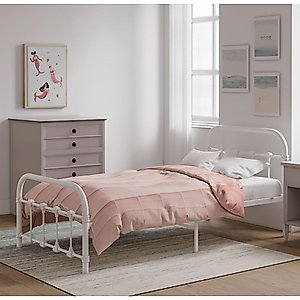 Rack Furniture Melissa Twin Size Bed Frame, Steel Vintage Bed for Kids with Molded Castings for Children's Bedroom, No Box Spring Required (White)