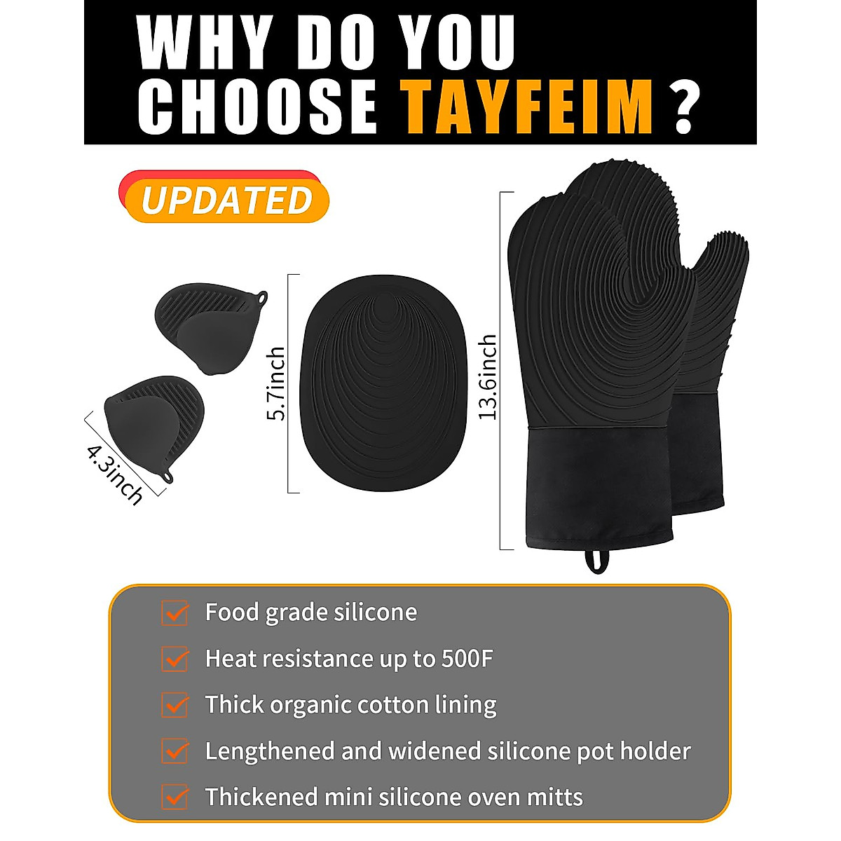 5Pcs Oven Mitts and Pot Holders, 500°F High Heat Resistant Silicone Kitchen Oven Mitts, Waterproof, Non-Slip, Easy to Clean, Cotton Lined Oven Gloves, BPA-Free, Oven Mits Set for Baking and Cooking