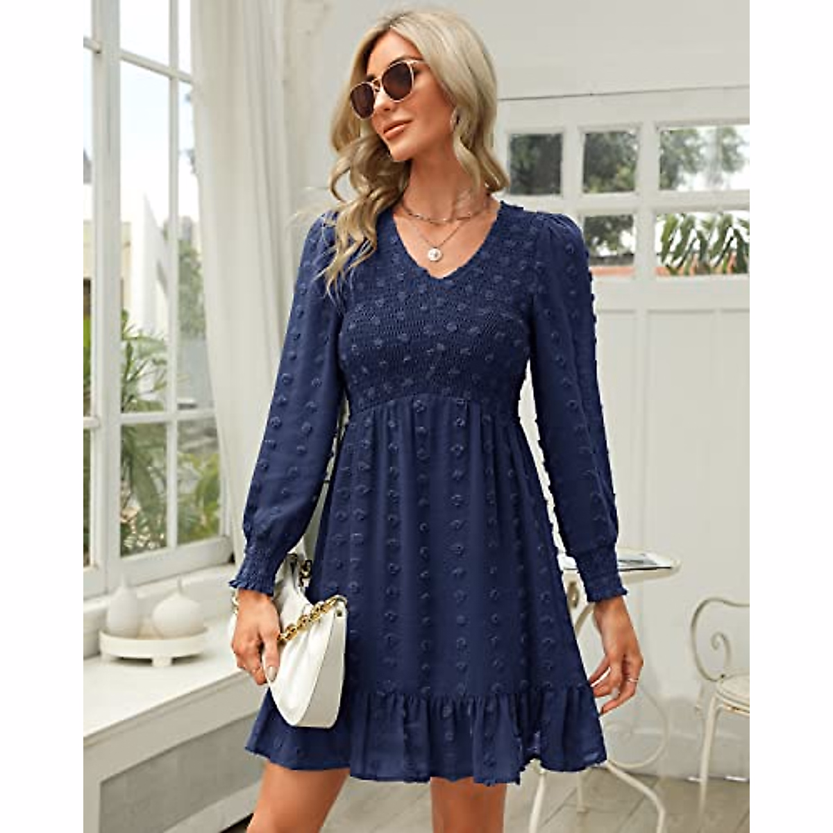 Maggeer Spring Summer Long Sleeve Dress for Women 2024 A Line Swiss Dot Cowgirl Ladies Church Smocked Mini Babydoll Causal Dresses Navy L