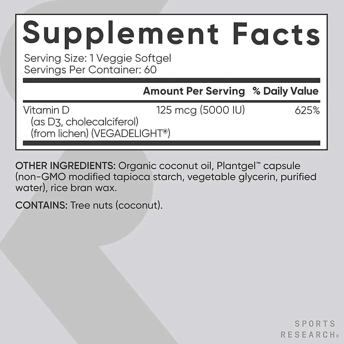 Sports Research Vegan Vitamin D3 5000IU (125 mcg) with Coconut Oil | 100% Plant-Based Vitamin D for Bone, Joint & Immune Support | Carrageenan Free, Vegan Certified & Non-GMO Verified (60 Softgels)