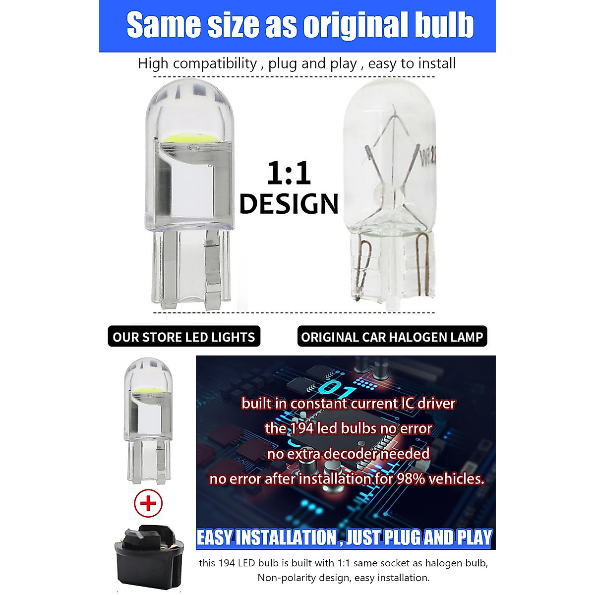 LETINGFAR 194 LED Bulb Dash Instrument Lights Bulbs with T10 194 168 Twist Lock Socket, Super Bright T10 194 Instrument Panel Gauge Cluster Dashboard LED Light Bulbs 12V (White（20+5）)