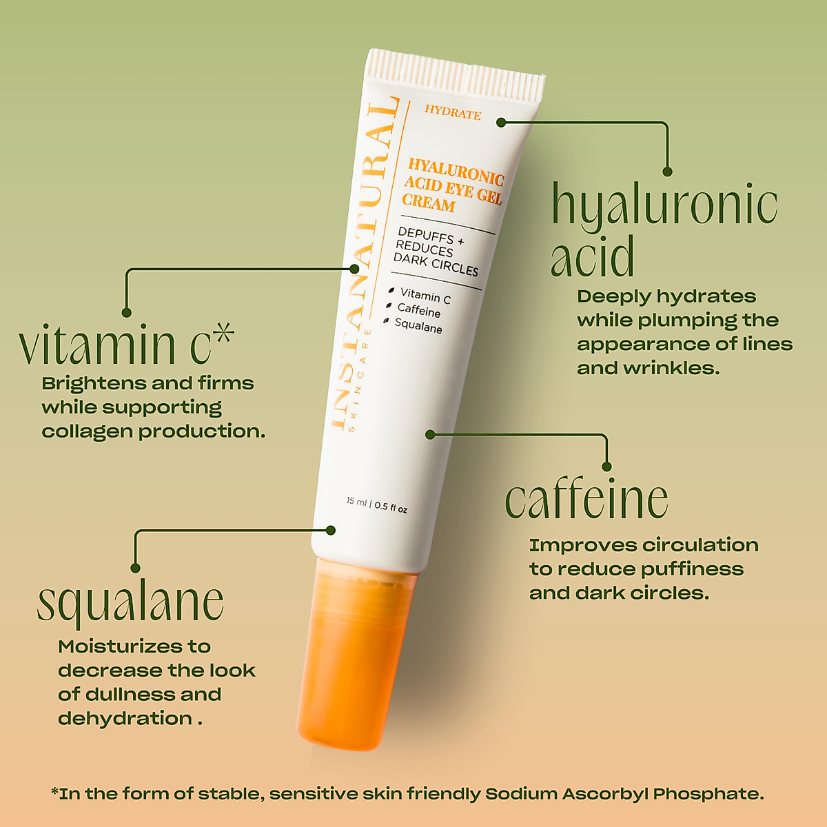 InstaNatural Hyaluronic Acid Eye Gel Cream, Hydrating Under Eye Cream for Women & Men, Decreases Puffiness, Dark Circles and Wrinkles, with Vitamin C, Caffeine, Squalane & Peptides, 0.5 Fl Oz