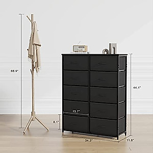 CubiCubi Dresser for Bedroom, 10 Drawer Storage Organizer Tall Wide Dresser for Bedroom Hallway, Sturdy Steel Frame Wood Top, Dark Black