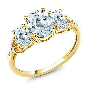Gem Stone King 10K Yellow Gold Sky Blue Aquamarine and White Diamond 3-Stone Engagement Ring For Women | 2.24 Cttw | 3 Stone Wedding Anniversary Promise Ring For Women (Size 8)