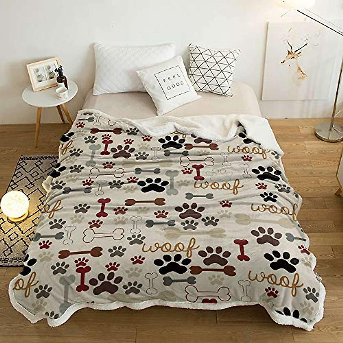 CHARMHOME Fluffy and Soft Plush Sherpa Fleece and Coral Reversible Blanket 59"x79",Cartoon Dog Footprints and Bones Throw Blanket for Children and Adult,Machine Washable Non-Shedding