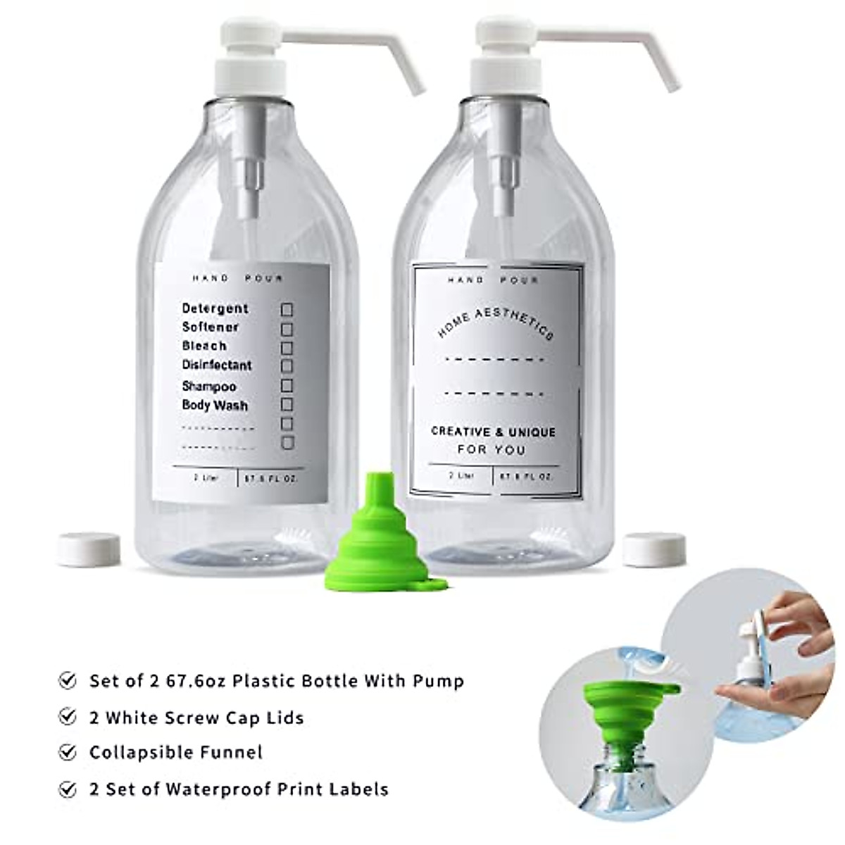 Unalilia Empty Plastic Laundry Liquid Dispenser Set - Large Soap Detergent Container (67.6 oz) Clear Reusable Pump Bottle for Detergent, Softener, Bleach, 2 Pack