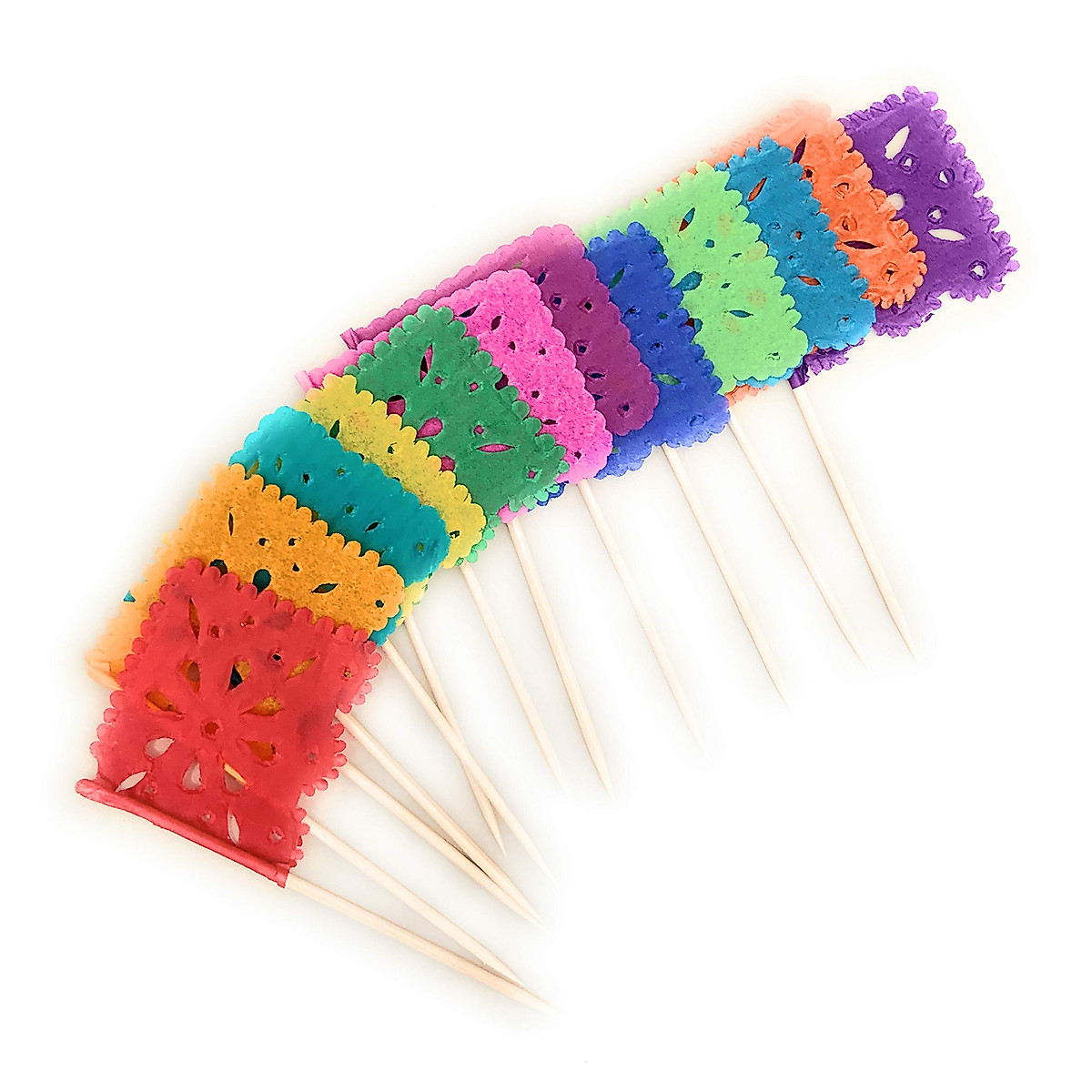 Set of 24 Pcs Multi-Colored Mini Mexican Paper Papel Picado Tissue Banner Flags Banderita s Fiesta Party Decorations Cupcake Topper Party Banderines Flower Design