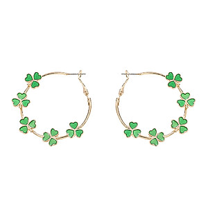 St. Patrick's Day Earrings Shamrock Hoop Earrings Lucky Clover Earrings Green Leaf Earrings Gold Hoops Earrings for Women Holiday Earrings Funny Irish Holiday Jewelry Gift for Women (Style A)