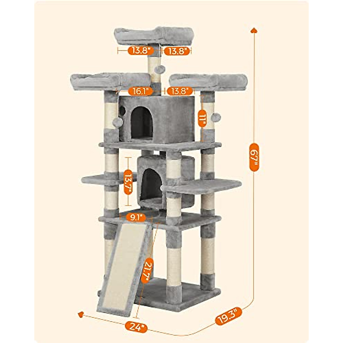 FEANDREA 67-Inch Multi-Level Cat Tree for Large Cats, with Cozy Perches, Stable, Light Gray UPCT18W