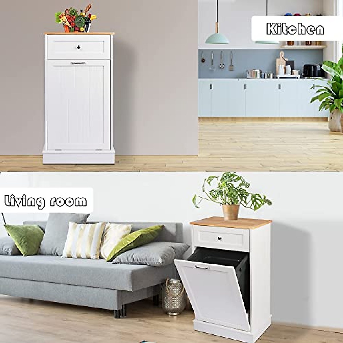 TOLEAD Tilt Out Trash Cabinet Free Standing 10 Gallon Recycling Trash Can Cabinet for Farmhouse Kitchen,Living Room, Dining Room, White