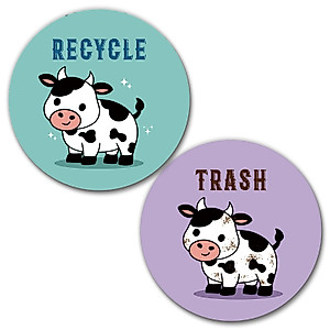 HSSPIRITZ Cow Recycle and Trash Magnets for Kitchen Trash Cans and Recycling Bins,Farmhouse Garbage Can Logo Symbol Magnet sign,2 Pack Magnetic Sticker,3.5"Circle Magnetic for indoor Outdoor Waste Bin