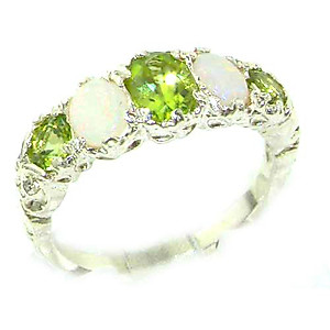LetsBuyGold 14k White Gold Natural Peridot and Opal Womens Anniversary Ring - Size 4.25