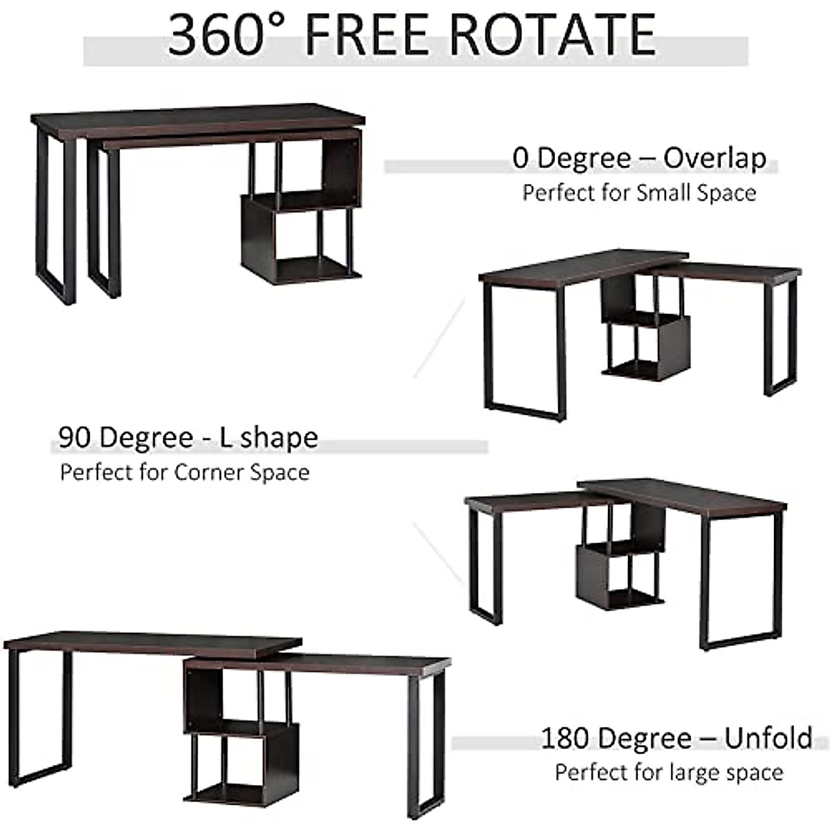 Royal Wood 55" 360° Rotating L-Shaped Home Office Computer Desk, Rotating Corner Desk with Storage Shelves, Left or Right Side Combo Table, Study Writing Desk Two Workstations,Espresso