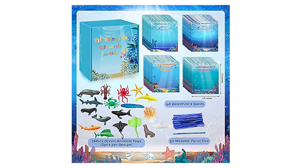 Kids Valentines Day Cards 36 Pack with Sea Animal Toys