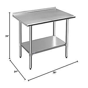 ROCKPOINT Stainless Steel Table for Prep & Work with Backsplash 24x36 Inches, NSF Metal Commercial Kitchen Heavy Duty Table with Adjustable Under Shelf and Table Foot for Restaurant, Home and Hotel