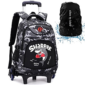 Wheeled Backpack School Kids Backpack with Wheels Boys Wheeled Backpacks 6 Wheels Camouflage Trolley Book Bags Shark Printed Wheeled Schoolbag for Boys Primary School Book Bags with Wheels Gray Bag