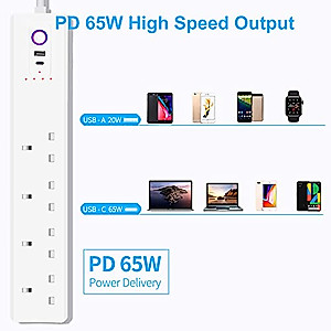 Surge Protector Power Strip, USB Power Strip, 4 Wide AC Outlets 4 USB, Overload Protection, PD65WUSB-C Power Strip with 5ft Extension Cord, 1700J, Home Office Desktop Charging Station ETL Certified