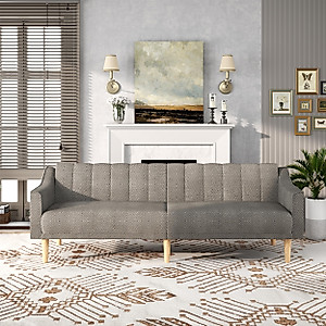 Velvet Futon Sofa Bed Couch, 74" Grey Convertible Sleeper Sofa, Loveseat Futon Couch with Adjustable Backrests, Couches for Living Room Bedroom Apartment