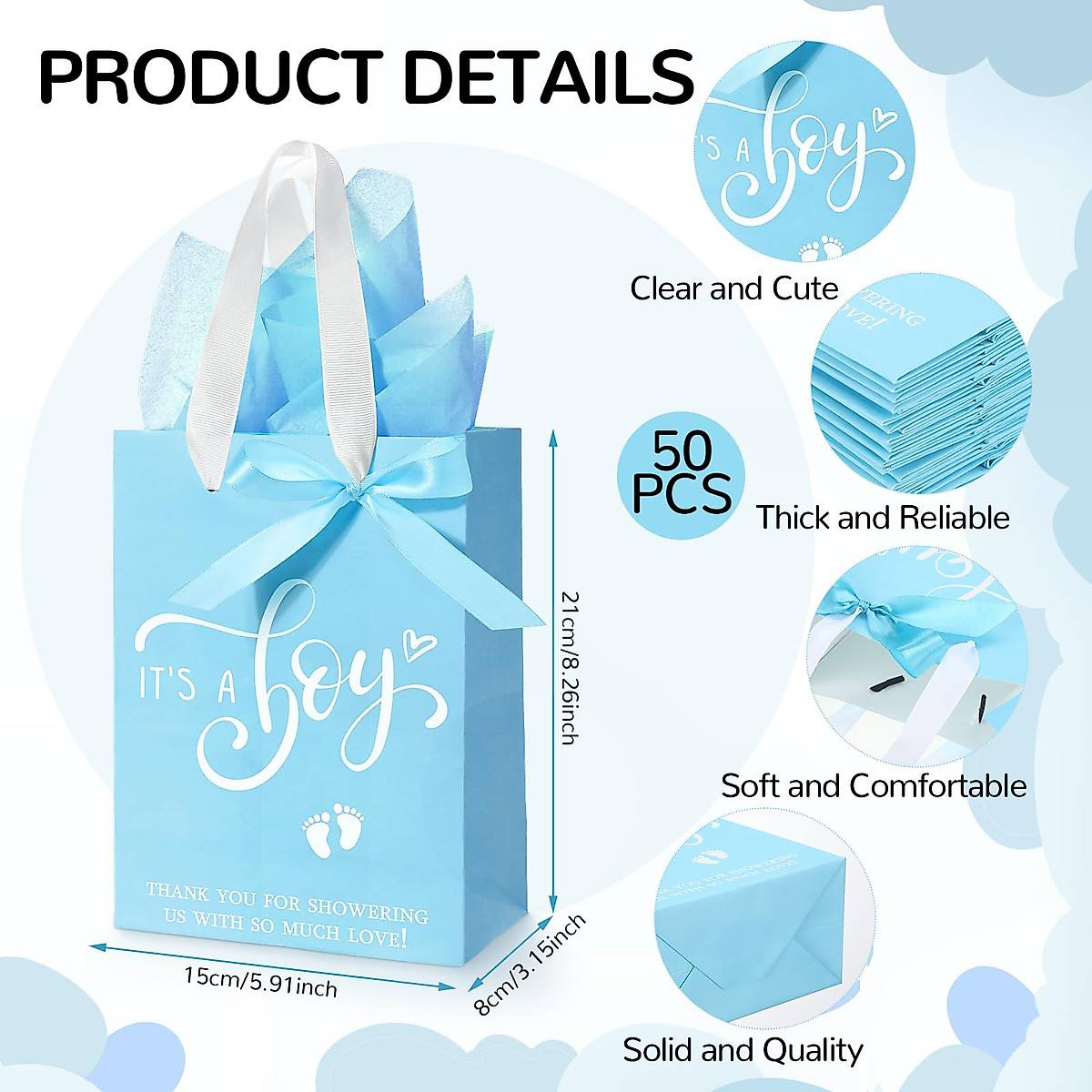 Qilery 50 Sets 8" Baby Boy Gift Bags with Tissue Paper It's a Boy Baby Shower Bag Blue Baby Shower Bags with Handle Paper Gift Bag for Guests Gender Reveal Baby Shower Party Favors