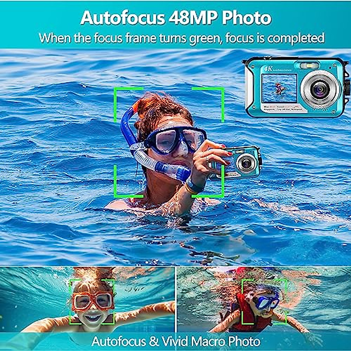 4K Waterproof Camera 11FT Underwater Camera with 32GB Card 48MP Autofocus Selfie Dual-Screen Underwater Cameras for Snorkeling, Waterproof Compact Digital Camera 1250mAh Battery（Blue）