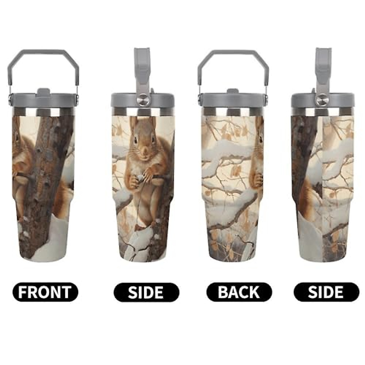 RTFGHJS Squirrel on Tree 30 Oz Tumbler with Handle And Flip Straw, Stainless Steel Vacuum Insulated Travel Mug, Thermal Cup for Coffee, Water, Iced Drinks, Fits Car Cup Holders (Home, Sports)