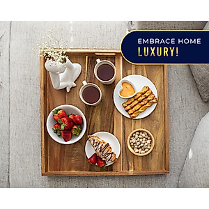 Extra Large (22") Square Premium Acacia Wood Ottoman Tray with Handles - Use for Serving Food in Style for Dinner, Breakfast, Snacks, BBQ, Entertaining Guests & More