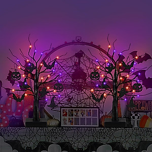 2 Pack 24 Inch Black Halloween Tree with 24 LED Orange Purple Lights, Timer/USB/Battery Operated Light Up Halloween Table Decorations, Spooky Halloween Decorations Indoor Home Mantle Room Party Decor