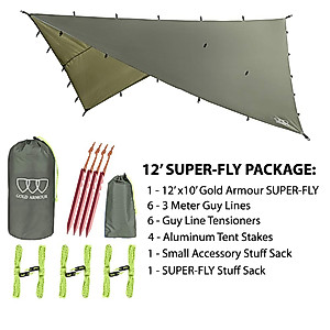 Gold Armour Rainfly Tarp Hammock, Premium 14.7ft/12ft/10ft/8ft Rain Fly Cover, Waterproof Ultralight Camping Shelter Canopy, Survival Equipment Gear Camping Tent Accessories (OD Green 12ft x 10ft)