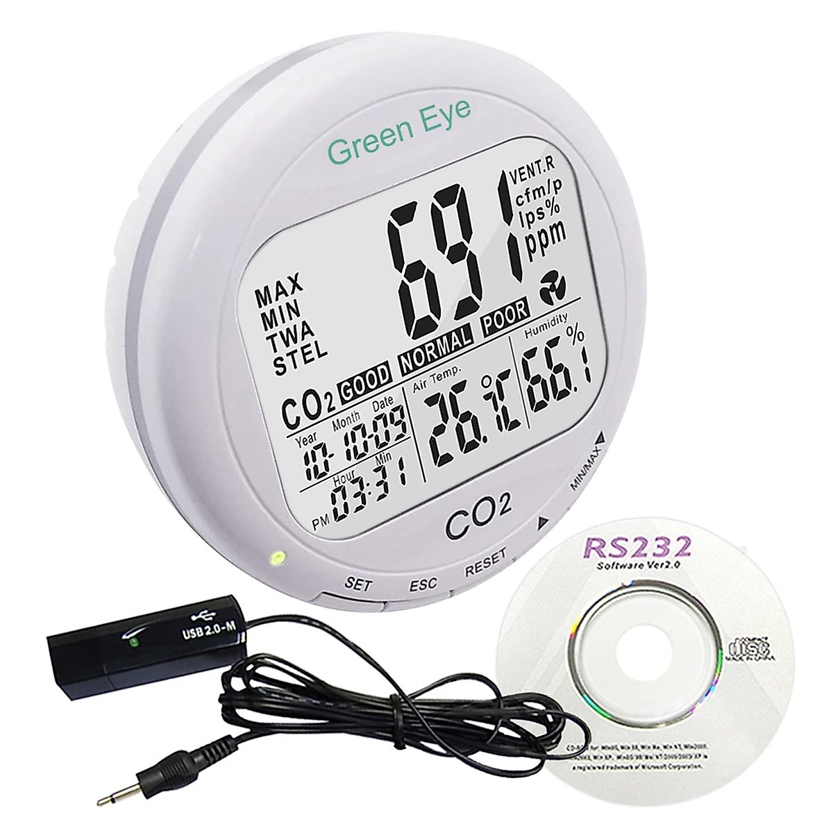 Desktop CO2 / RH/Temp 3 in 1 Indoor Air Quality Monitor Data Logging with Software Carbon Dioxide Temperature Humidity Digital Meter Audible Alarm NDIR Sensor