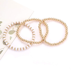 NVENF Gold Bead Bracelets Colorful Tile Bracelet Bangles for Women Stackable Brass Ball Beaded Stretch Bracelets Elasticated White Enamel Bracelets Anniversary Bridal Gift (White)