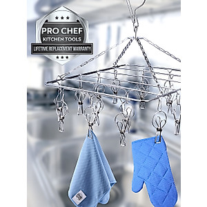 Pro Chef Kitchen Tools Laundry Drying Rack - Rectangle Hanging Clothes Dryer with 18 Clothes Pins - Hangers with Clips - Retractable Clothesline - Mitten Drying Rack - Indoor Outdoor Laundry Hanger