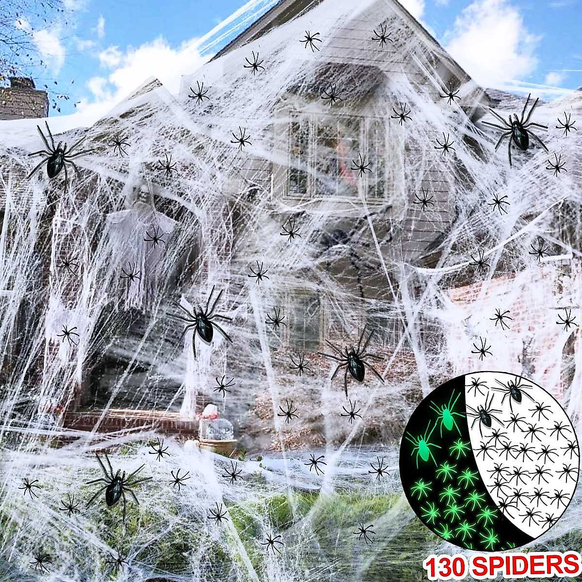 1500 sqft Halloween Spider Web Decorations Super Stretch Cobweb with 130 Plastic Fake Spiders Glow in The Dark Halloween Decorations Indoor Outdoor Party Supplies Haunted House Decor (450g)