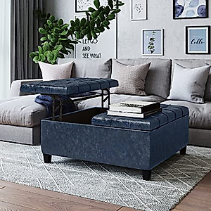 SIMPLIHOME Harrison 36 inch Wide Transitional Square Coffee Table Storage Ottoman in Denim Blue Vegan Faux Leather, Assembled, For the Living Room and Bedroom