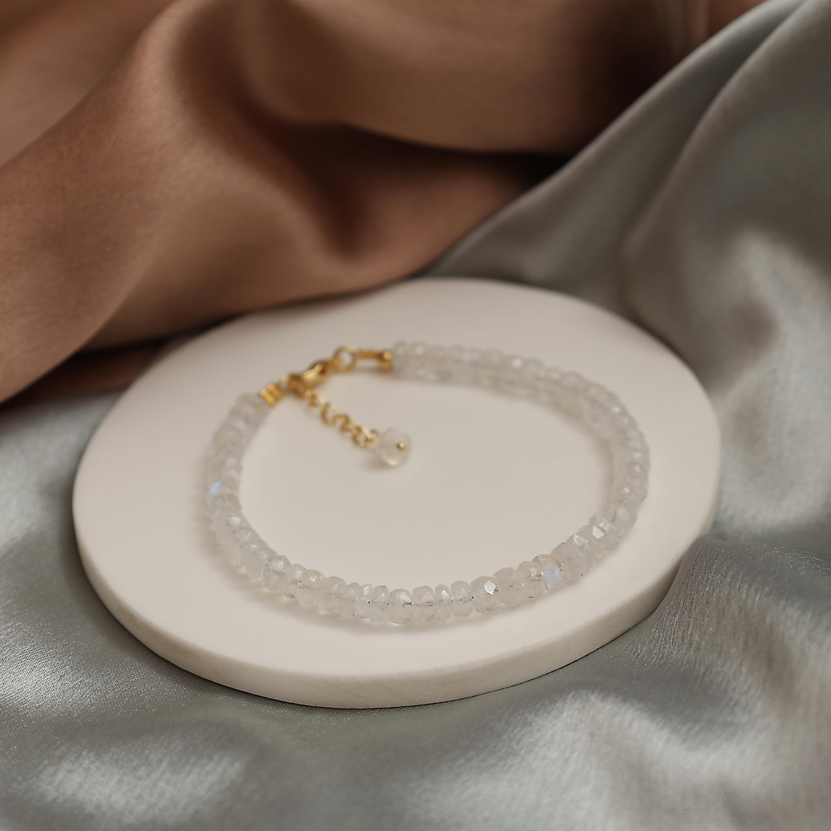 Gempires Rainbow Moonstone Beaded Bracelet, Faceted Beads 4-5 mm, Moonstone Crystal Bracelet for Women, June Birthstone, Gift for Her, 14k Gold Plated 8 inches Adjustable Chain