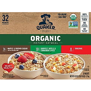 QUAKER Instant Oatmeal, USDA Organic, Non-GMO Project Verified, 3 Flavor Variety Pack, Individual Packets, 32 Count (Pack of 1)