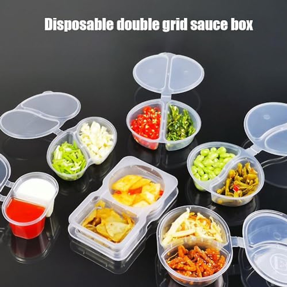 Double Compartment Condiment Container,2 Compartment Snack Containers with Lids,Small Food Storage Containers,Double Compartment Snack Containers for to-go Sauce, Sampling, Travel Snack (Round 150ml)