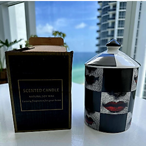 AlphaDesignLuxe Decorative Candle Holder Handcrafted Aromatherapy Candle Jar Italian Designer Décor Fashionable Tabletop Vase Modern Art Female Face Eyes Lips Centerpiece. (Red Lips Black Squares)