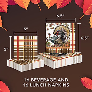 Unique Plaid Turkey Dinnerware Bundle for 8 - Dessert and Dinner Plates, 16 Luncheon & Beverage Napkins - Fall Family Thanksgiving Party Set Decorations Supplies Paper Disposable