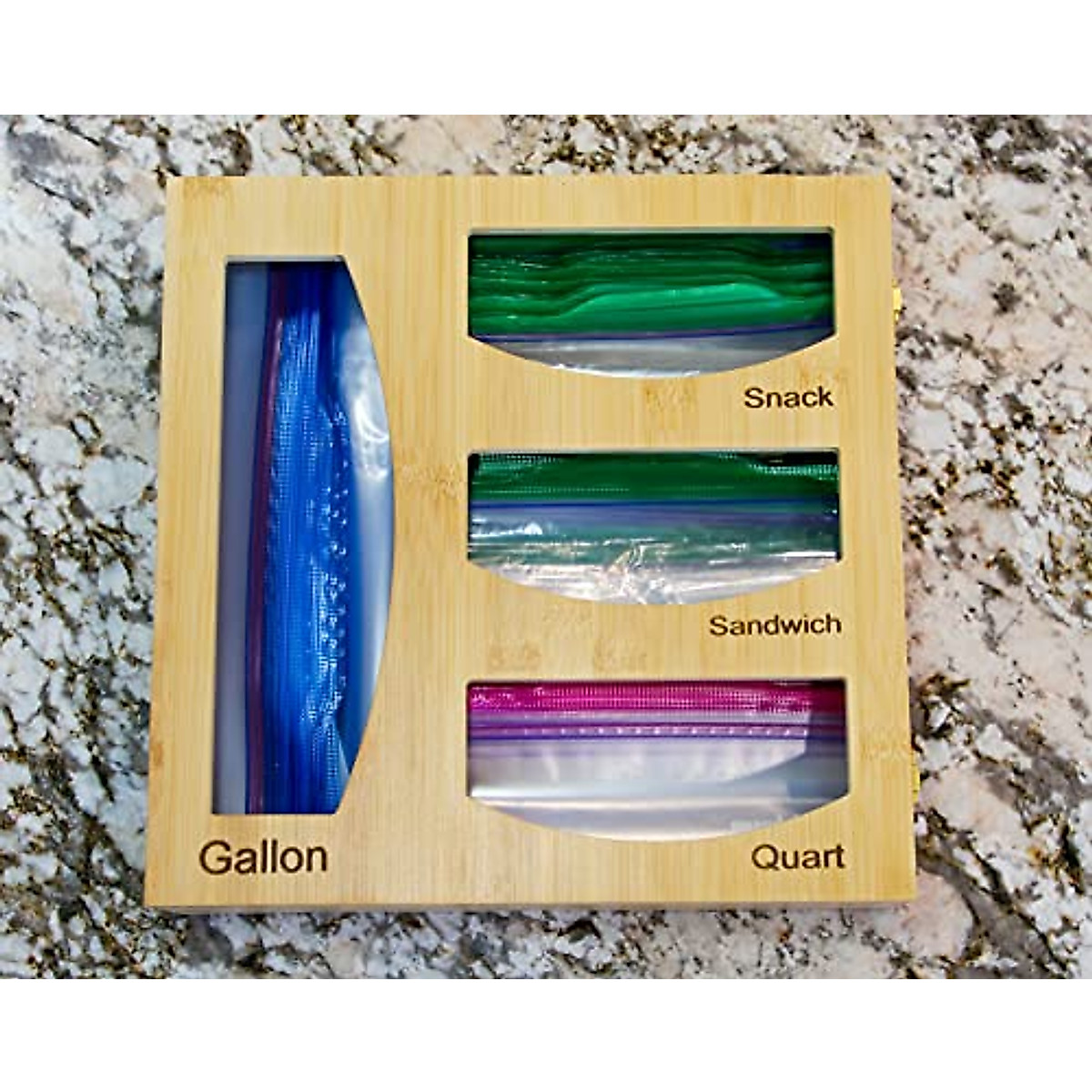 Ziplock Bag Organizer - Stylish Bamboo Zip Lock Storage Organization For Your Kitchen Drawers Cabinet Or Pantry - Wall Mount With Hinge Open Lid And Compression Clasps Great For A Gift